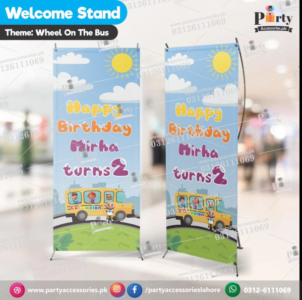 Customized Welcome Standee in Wheels on the bus Theme Birthday Party d ...