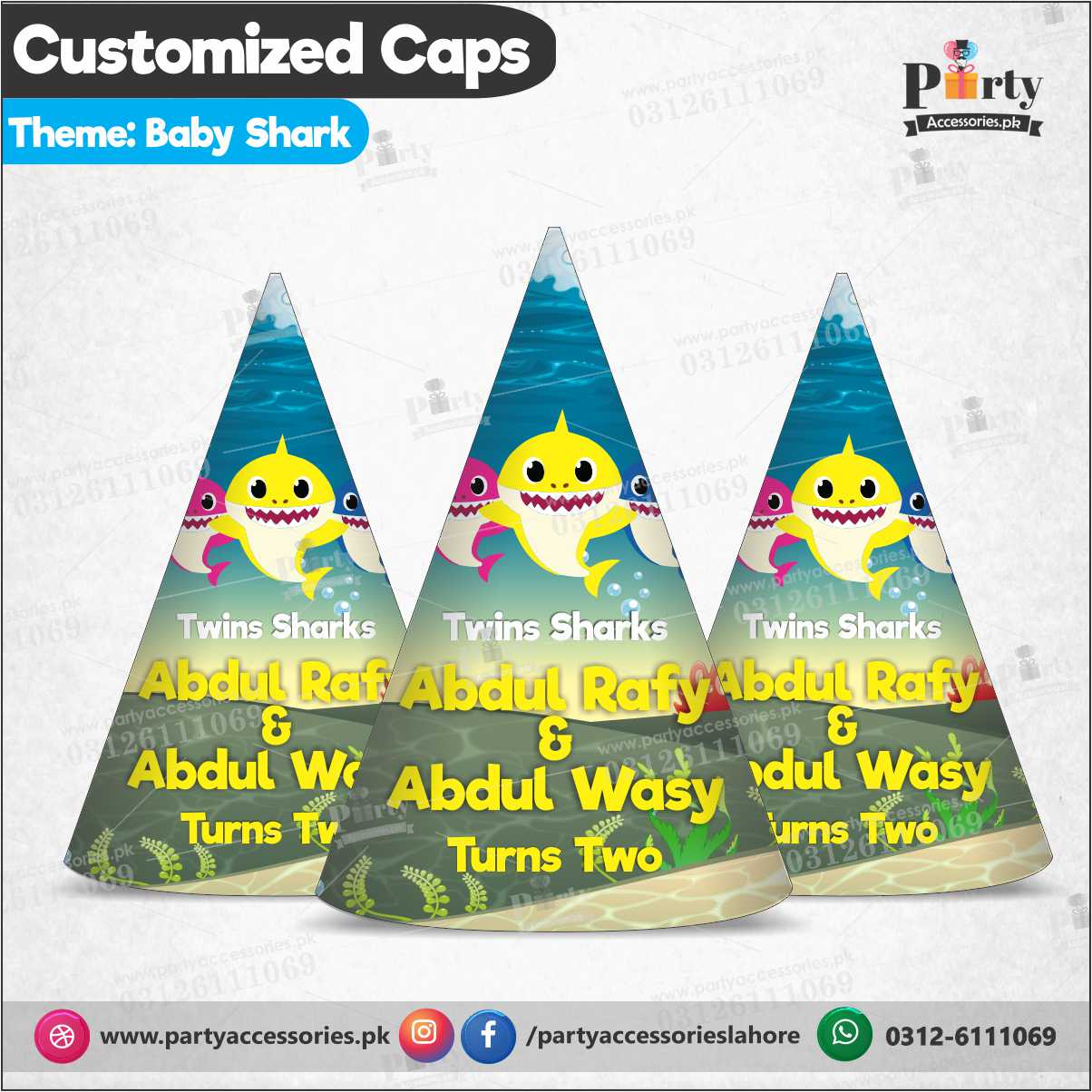 Baby shark theme birthday party | Customized Cone shape caps ...